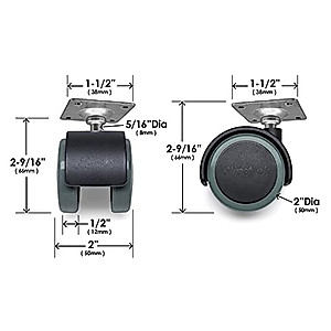 Slipstick CB681 2 Inch Floor Protector Rubber Caster Wheels (Set of 4) 5/16 Inch Stem or Top Plate Mounting Options - Black/Gray Green