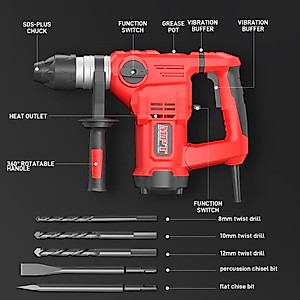 1-Inch SDS-Plus Rotary Hammer Drill, MPT 8.8 Amp Power Hammer Drill, 3 Functions Hammer Drill Heavy Duty for Concrete, Including Chisels, Drill Bits, Grease with Case