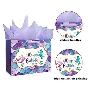 13" Large Mermaid Happy Birthday Gift Bag with Handle, Tissue Paper and Card for Kids Girls