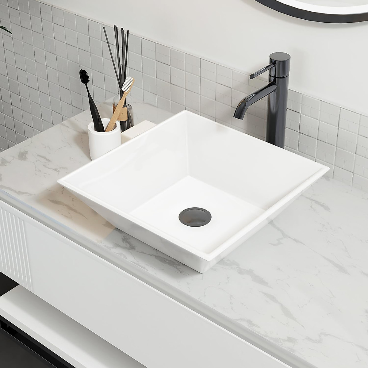 Sinber 16" x 16" x 4.92" White Square Ceramic Countertop Bathroom Vanity Vessel Sink BVS1616A-OK