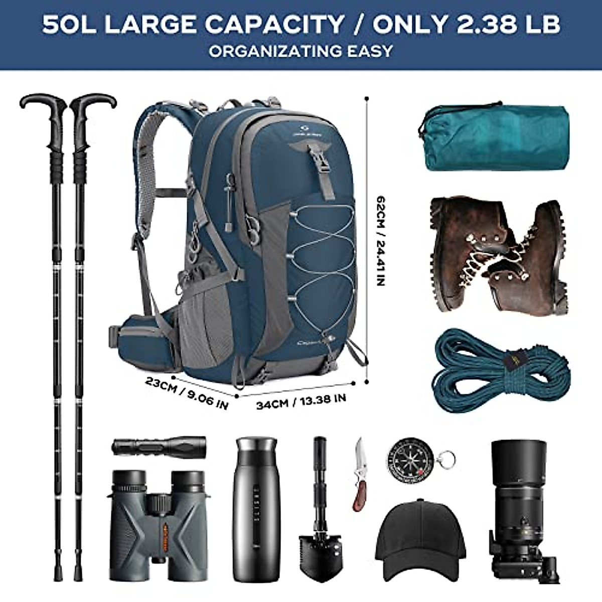 Maelstrom Hiking Backpack,Camping Backpack,50L Waterproof Hiking Daypack with Rain Cover,Lightweight Travel Backpack,Blue