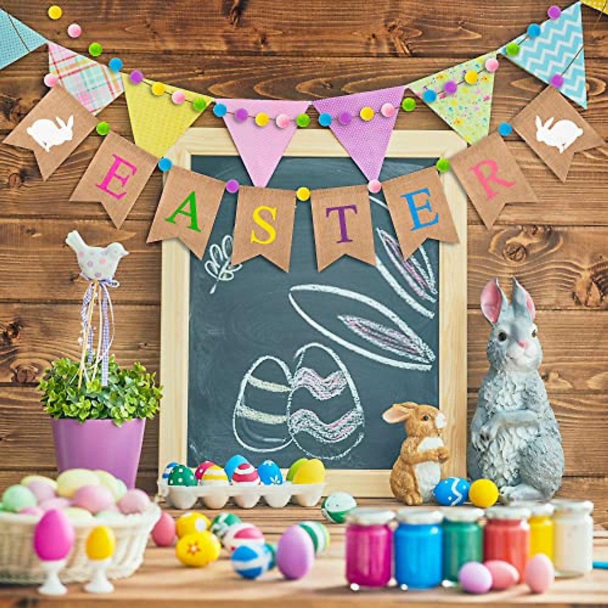 2Pcs Easter Banner Burlap Flag Felt Ball Garland Kit, With Pendants Pom for Centerpieces Easter Decorations Party Decor Fireplace Porch Wall Backdrops