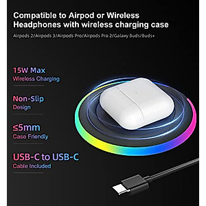Wireless Charger Pad, 15W Max Fast RGB Wireless Charging Pad Compatible iPhone 14/14 Plus/14 Pro/14 Pro Max/13/13 Mini/SE 2022/12/11/X/8,Samsung Galaxy S22/S21/S20,AirPods 3 2 Pro(No AC Adapter) Black
