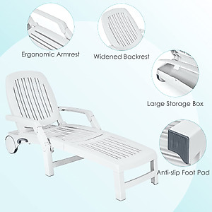 Tangkula Outdoor Chaise Lounge Chair, 5-Position Adjustable Recliner with Storage Box and Flexible Wheels, All-Weather Folding Patio Lounge Chair for Poolside, Beach and Backyard (1, White)