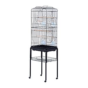 PawHut 60" Metal Indoor Bird Cage Starter Kit with Detachable Rolling Stand, Storage Basket, and Accessories, Black