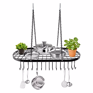 Vdomus Hanging Pot Rack Organizer - Heavy-duty Ceiling Pot Rack Storage - Mounted Kitchen Overhead Pots Holder - Multi-Purpose Kitchen Cookware, Utensils Hanger - 15 Hooks, 33 x 17 inches