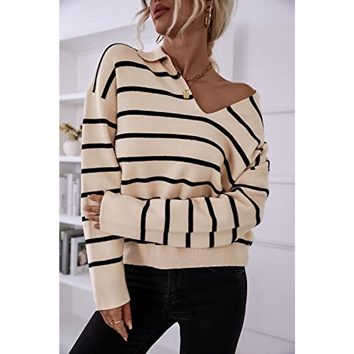 CFLONGE Women's Fall Winter Casual Breton Striped Long Sleeve Polo V Neck Pullover Sweater Loose Fit Drop Shoulder Knitted Shirts Tops(Small,Apricot)