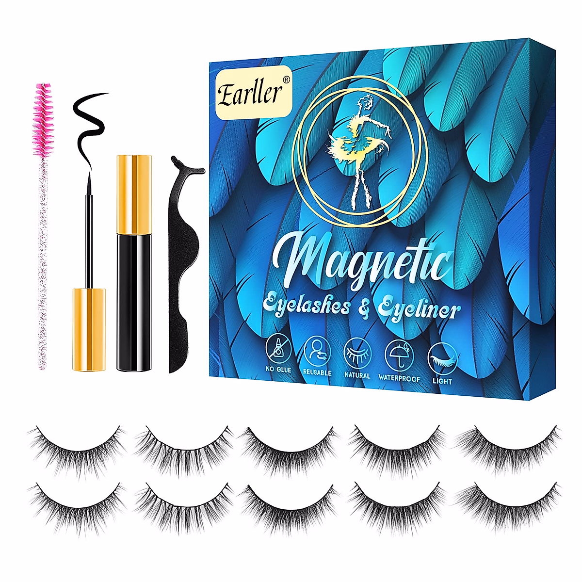 EARLLER Natural Magnetic Eyelashes with Eyeliner, (Dpair)