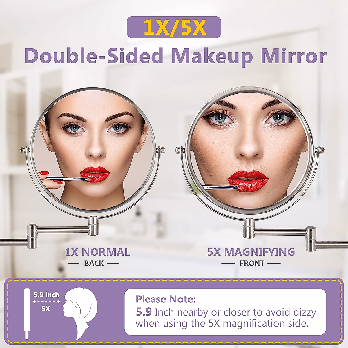 Wall Mounted Makeup Mirror, 1X/5X Magnifying Mirror Double Sided, 8 Inch Extendable Bathroom Mirror for Shaving, Nickel