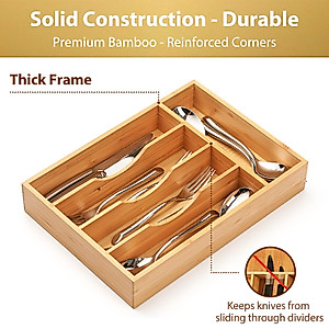 Umilife Bamboo Kitchen Drawer Organizer, 11 Inch Silverware Utensils Tray Holder with Grooved Dividers, 2.4" High Wood Caddy for Flatware Cutlery Knives