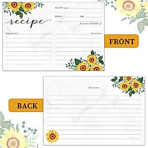 Sunflower Recipe Cards Floral Recipe Card Double-Sided Kitchen Recipe Cards Note Cards for Wedding, Bridal Shower (50)