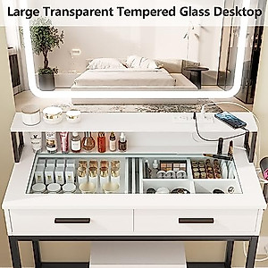 Fameill White Vanity Desk with Lights,Glass Top Makeup Vanity Table with Power Strip,Large Mirror Dressing Table Set with 2 Drawers and Hair Dryer Stand,35.4in(L)