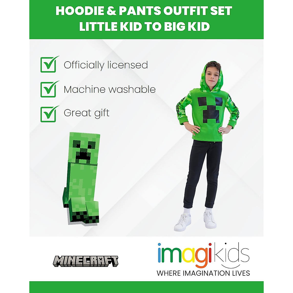 Minecraft Creeper Big Boys Fleece Raglan Hoodie & Pants Set Green/Black 10-12