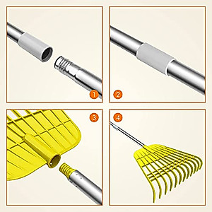 Gardzen 12 Tines Gardening Leaf Rake, Lightweight Steel Handle, Detachable, Ideal Camp Rake, Comes with Dustpan-Type Garden Bag - Yellow