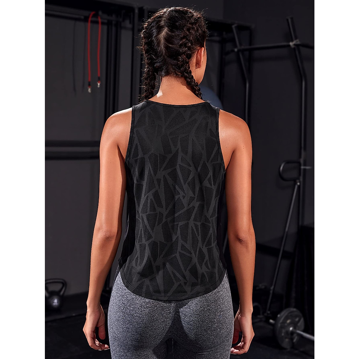 Floerns Women's Workout Tops Geo Print Sleeveless Athletic Running Tank Tops Black L