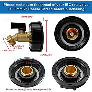 275-330 Gallon Tote Water Tank Adapter 2" Coarse Thread (Not Fine Thread! Coarse Thread Common On European IBC) Brass Hose Faucet Valve Garden Hose Connector Replacement IBC Tote Valve Fitting Parts