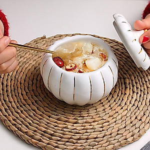 Luxshiny 2pcs Soup Bowls with Lid, Steamed Egg Bowl Pumpkin Ceramic Bowl Serving Bowls for Home Kitchen (White)