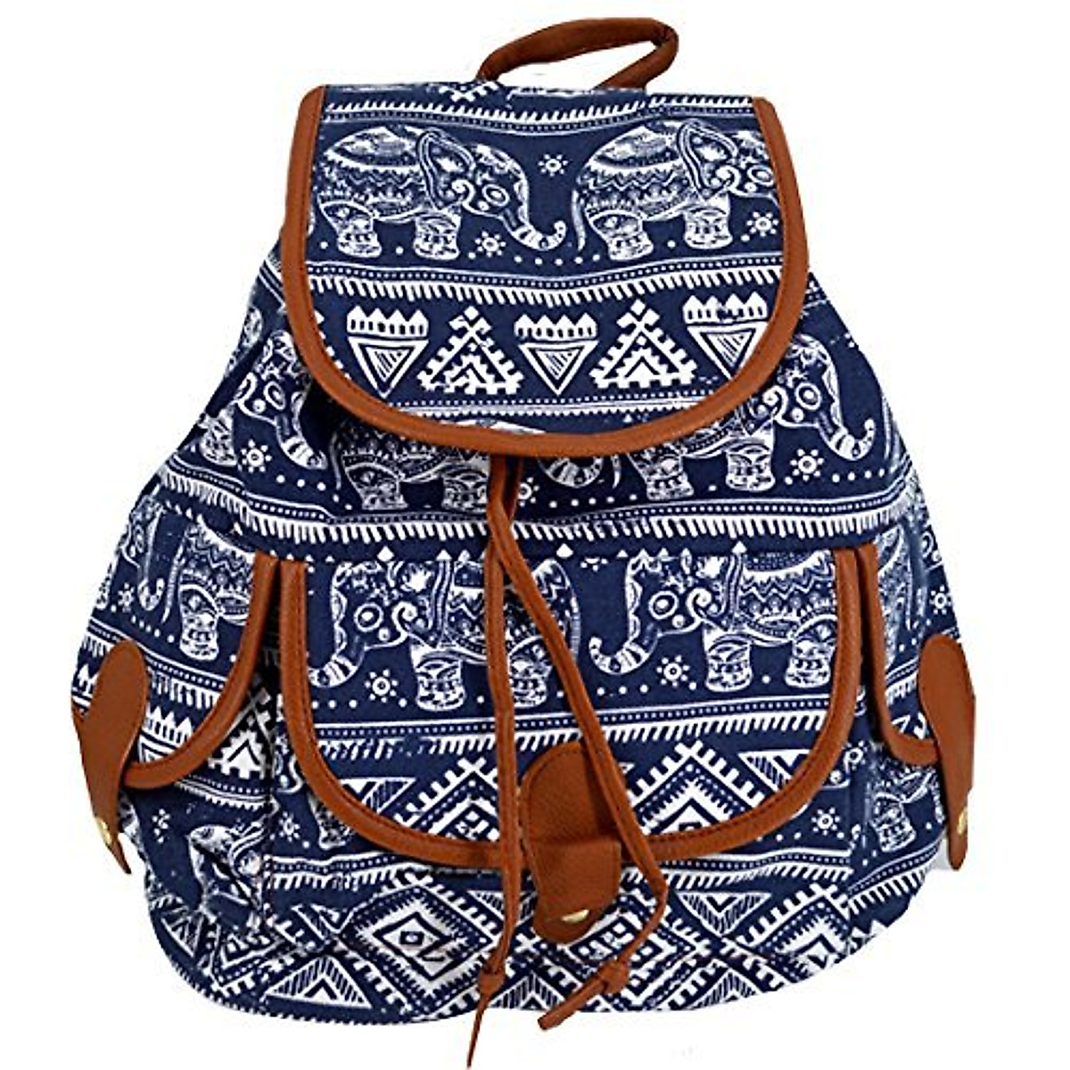 Women Girls Ethnic Style Canvas Drawstring Bag Floral Printing Backpack School Rucksack(Blue)