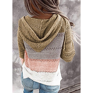 Vemodoo Women'S Hoodie Ladies Sweatshirts Lightweight Sweaters For Women Women's Color Block Knit Hoodies Sweaters V Neck Drawstring Lightweight Pullover Sweatshirts Khaki Large