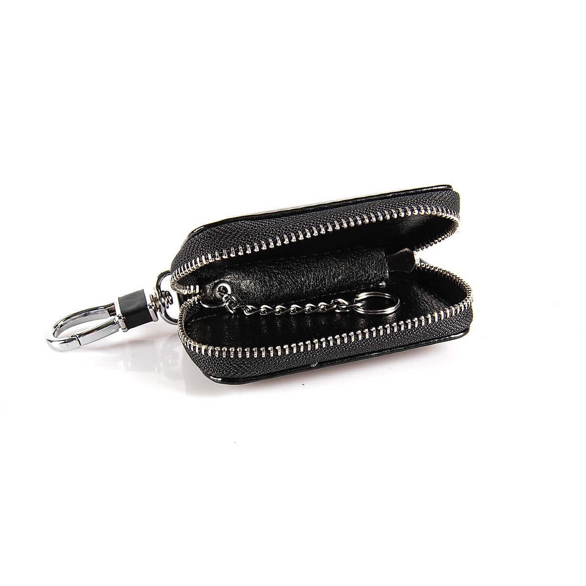 Amiss Universal Car Key Case, Key Fob Protector, Key Fob Cover Case, Genuine Leather Car Smart Key Chain Keychain Holder Metal Hook and Keyring Zipper Bag for Remote Key Fob - Black