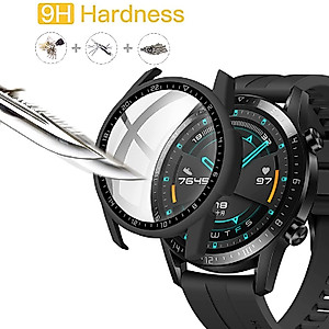 Acadeny [2-Pack] Case with Tempered Glass Screen Protector Compatible for Huawei Watch GT2 46mm, 9H Hardness 360° All-Round Protective Ultra Thin Protective PC Case Cover for - Black Black