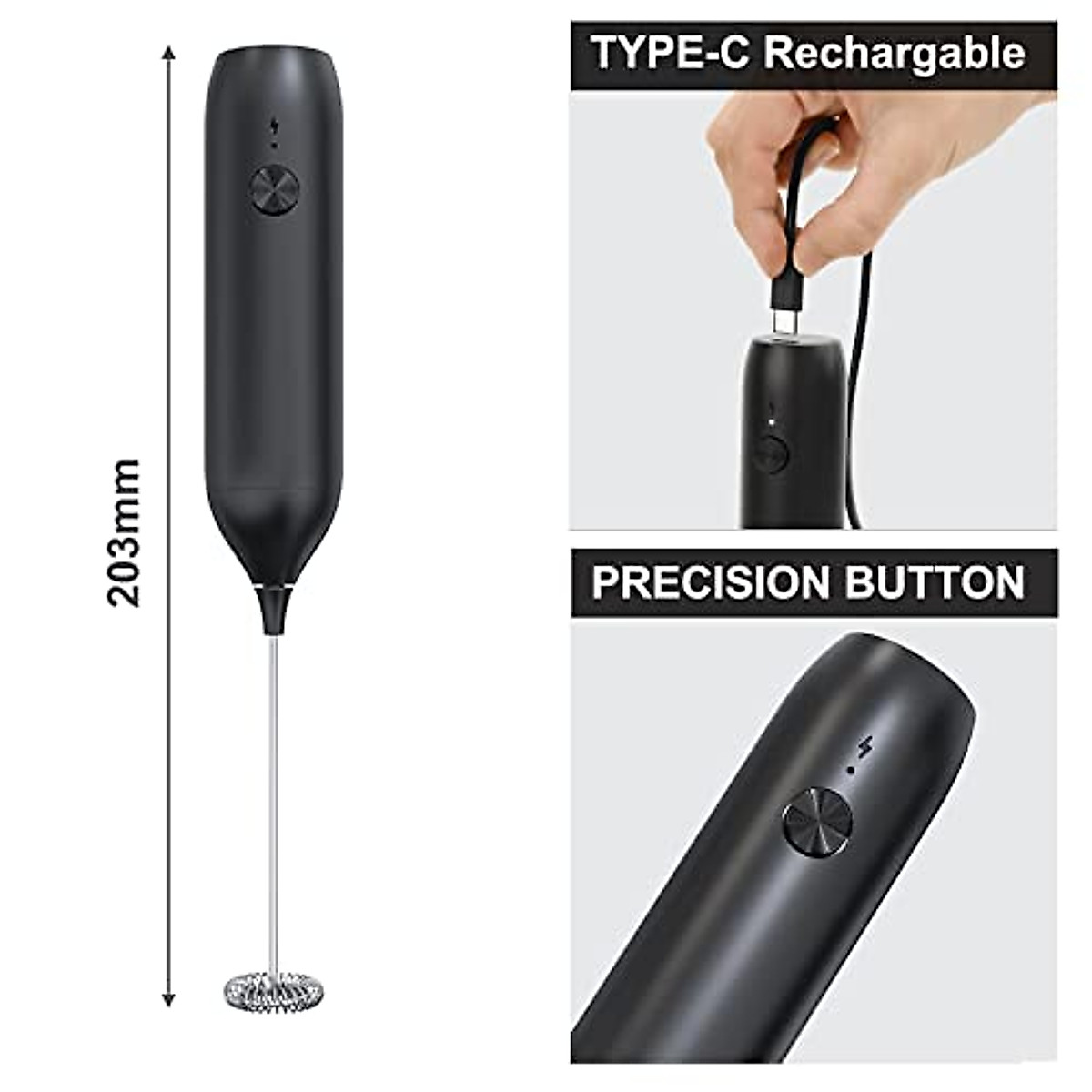 Influtto Powerful Handheld USB Rechargeable Electric Mini Compact Milk Frother, Foam Maker,Mini Mixer and Coffee Blender Black Color