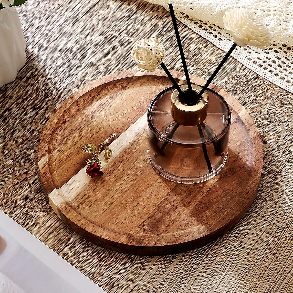 9.84" Wood Bathroom Vanity Tray Round Jewelry Storage, Rustic Farmhouse Coffee Table Decor, Circle Wooden Serving Tray, Walnut.