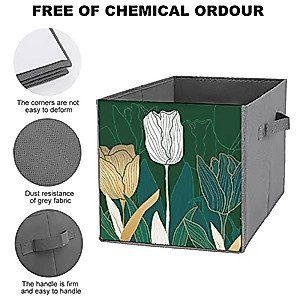 DamTma Gold Tulips Flowers Collapsible Storage Cubes Spring 10.6 Inch Fabric Storage Bins Storage Cubes with Handles Basket Storage Organizer for Clothes Pet Toys