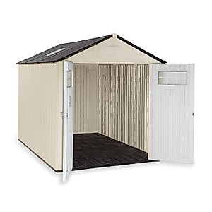 Rubbermaid Resin Outdoor Storage Shed With Floor (7 x 10.5 Ft), Weather Resistant, Beige/White, Organization for Home/Backyard/Garden Tools/Lawn Mower/Bike Storage/Pool Supplies