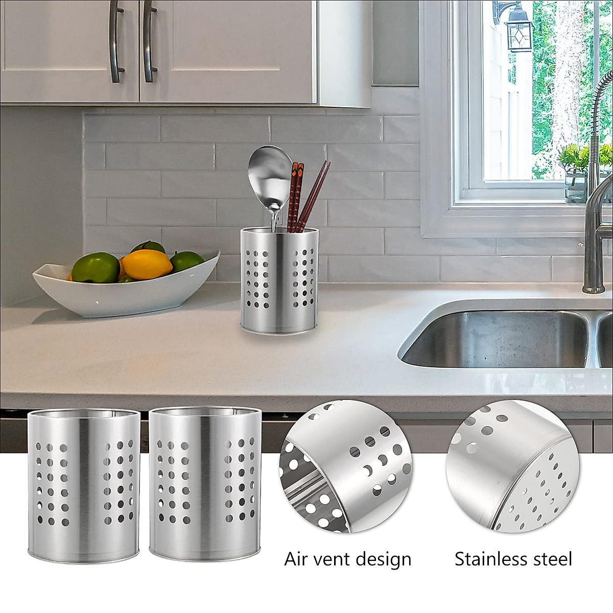 Cabilock 2pcs Stainless Steel Utensil Holder Flatware Holder Utensil Sink Caddy Drying Rack Cutlery Basket for Chopstick Spoon Fork Countertop