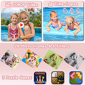Agoigo Kids Waterproof Camera - Children Underwater HD Video Digital Camcorder, Portable Travel Toy for Toddler - Ideal Christmas Birthday Gifts for Boys Girls Age 3-12 with 32GB Card (Pink)