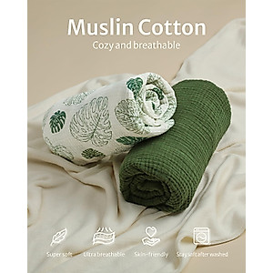 Muslin Crib Sheets, Cotton Neutral Crib Sheet for Baby Girls and Boys, Fitted for Standard Crib Mattress & Toddler Bed Mattress (52"x28"), Soft and Breathable, 2 Pack(Monstera&Dark Green)