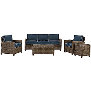 Crosley Furniture Bradenton 5-Piece Outdoor Sofa Patio Furniture Set, Wicker Conversation Sets for Porch, Brown with Navy Cushions