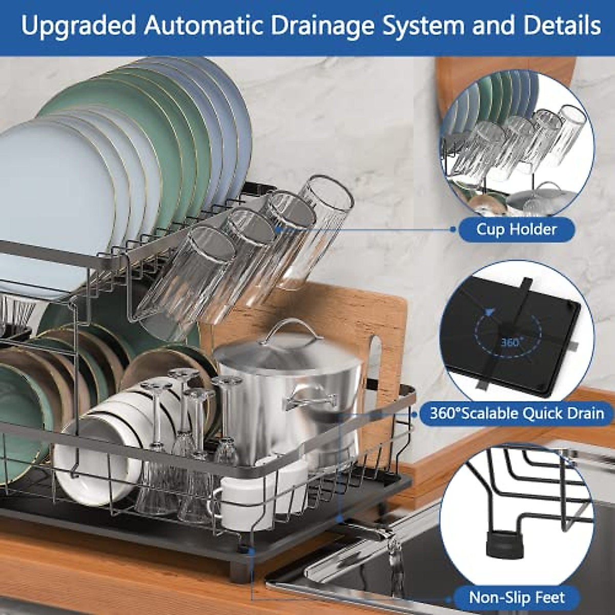 LIONONLY Large Dish Drying Rack with Drainboard, 2 Tier Stainless Steel Drying Racks for Kitchen Counter,Detachable Dish Drainer Organizer Shelf with Utensil Holder Set (Black)