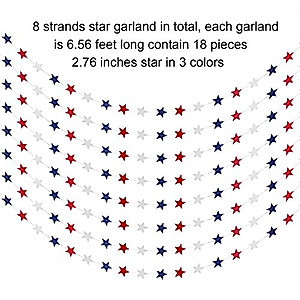 TecUnite 8 Strands Patriotic Star Streamers Banner Garland for 4th of July BBQ, Memorial Day, Veterans Day Party, Independence Day Celebration, Labor Day， Holiday Decorations, Red White Blue