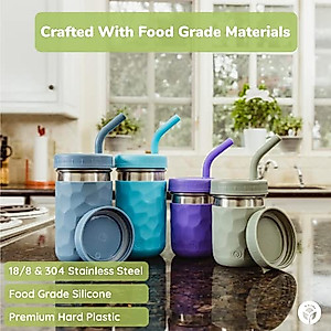 WeeSprout 2-in-1 Drinking Cups for Kids, Durable 304 Stainless Steel Cups, Silicone Straws with Straw Stoppers, Premium Hard Plastic Twist Lids, Easy-Grip Sleeves, Set of 4 Dishwasher Safe Kid Cups