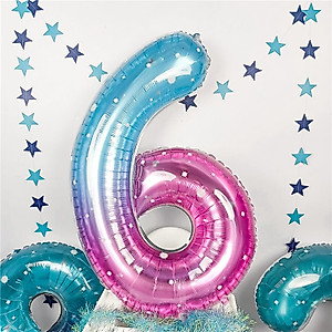 40 Inch Balloon Number 6 Blue Pink, Large Foil Mermaid 6 Balloons Number for Women, Starry Rainbow Globos de Numero 6 Helium Balloons for Girls 6th Birthday Anniversary Graduation Party Decorations