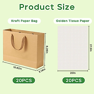 YNERHAI 20 Pack Gift Bags with Tissue Paper, Medium Kraft Paper Bag with Ribbon Handles, 10.6” x3.1” x8.3” Brown Gift Bags for Wedding, Birthday, Party Supplies and Gifts (Medium, Brown)