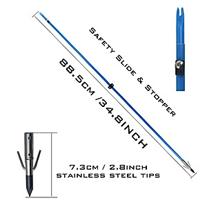 Tiger Archery 34inch Bowfishing Arrows Solid Fiberglass Shaft with Broadhead for Compound Bow and Recurve Bow Fishing Arrow Archery and Hunting (Pack of 6) (Blue)