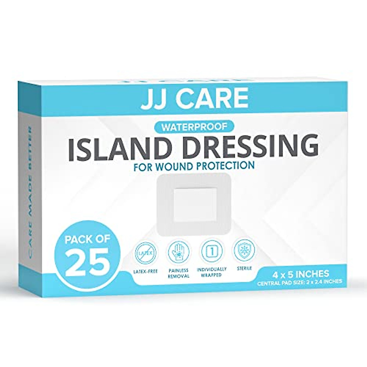 JJ CARE Waterproof Adhesive Island Dressing [Pack of 25], 4" x 5" Sterile Island Wound Dressing, Breathable Bordered Gauze Dressing, Individually Wrapped Latex Free Bandages with Non-Stick Central Pad