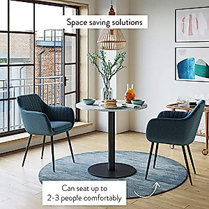 Nathan James Bistro Lucy Small Mid-Century Modern Kitchen or Dining Table with Faux Carrara Marble Top and Brushed Metal Pedestal Base, Black, 31.5D x 31.5W x 29H in