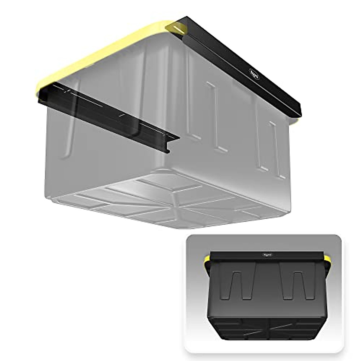 Koova Overhead Bin Rack for One Bin | Overhead Garage Storage Rack to Mount on Ceiling with Adjustable Width | Supports Most Black and Yellow Storage Bins | 1 Set