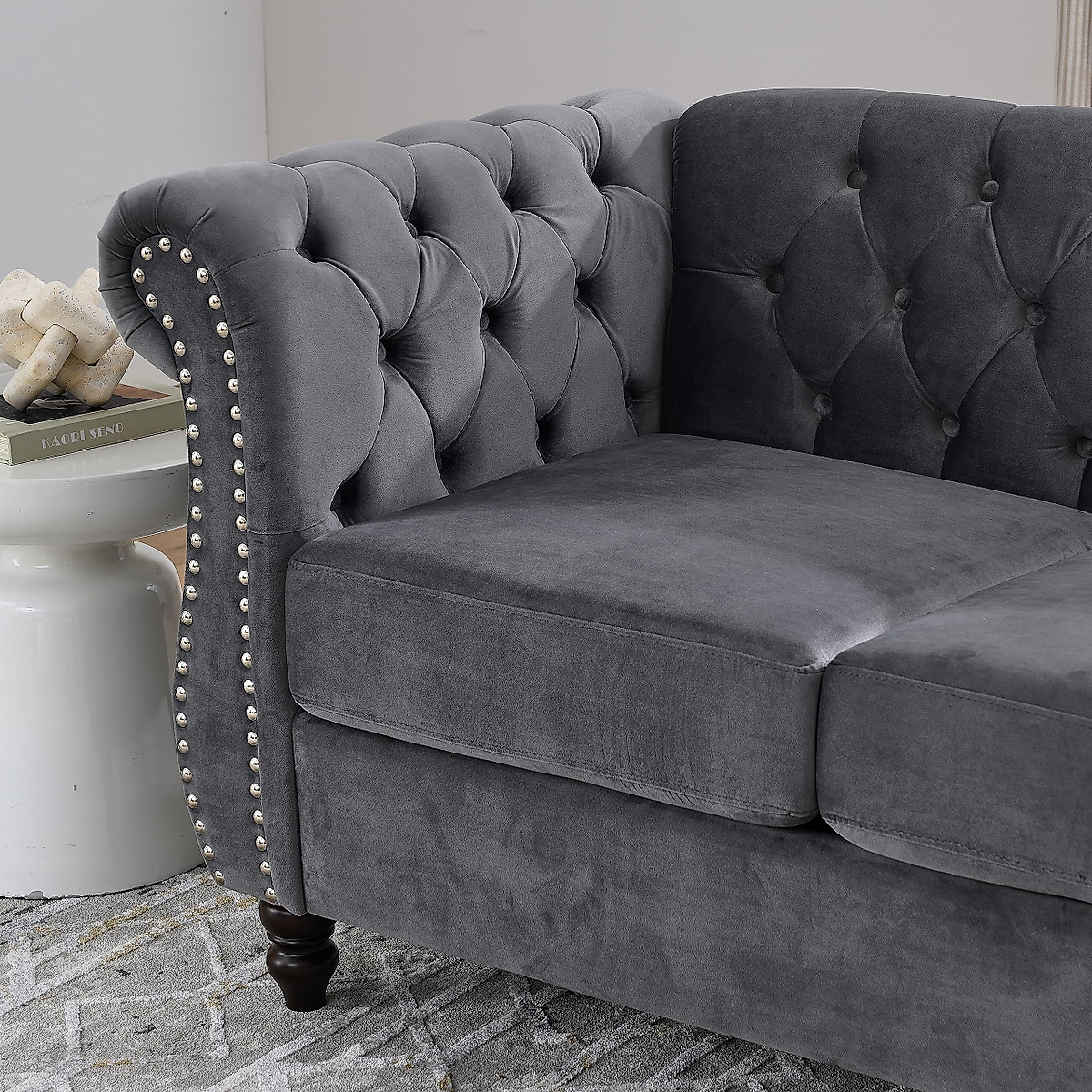Sybrioka Velvet Loveseat Sofa Couches for Living Room,58" Small Love Seat 2 Seater Couch with Buttons Tufted, Gray Modern Chesterfield Upholstered Sofa Metal Legs, (Gray, 2 Seater)