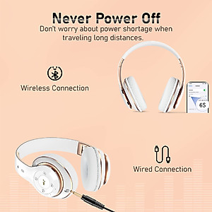 Bluetooth Headphones Over Ear, 6S Foldable Wireless Headphones with 6 EQ Modes, 40 Hours Playtime HiFi Stereo Headset with Mic, Soft Ear Pads, TF/FM for Cellphone/PC/Home (White & Gold)