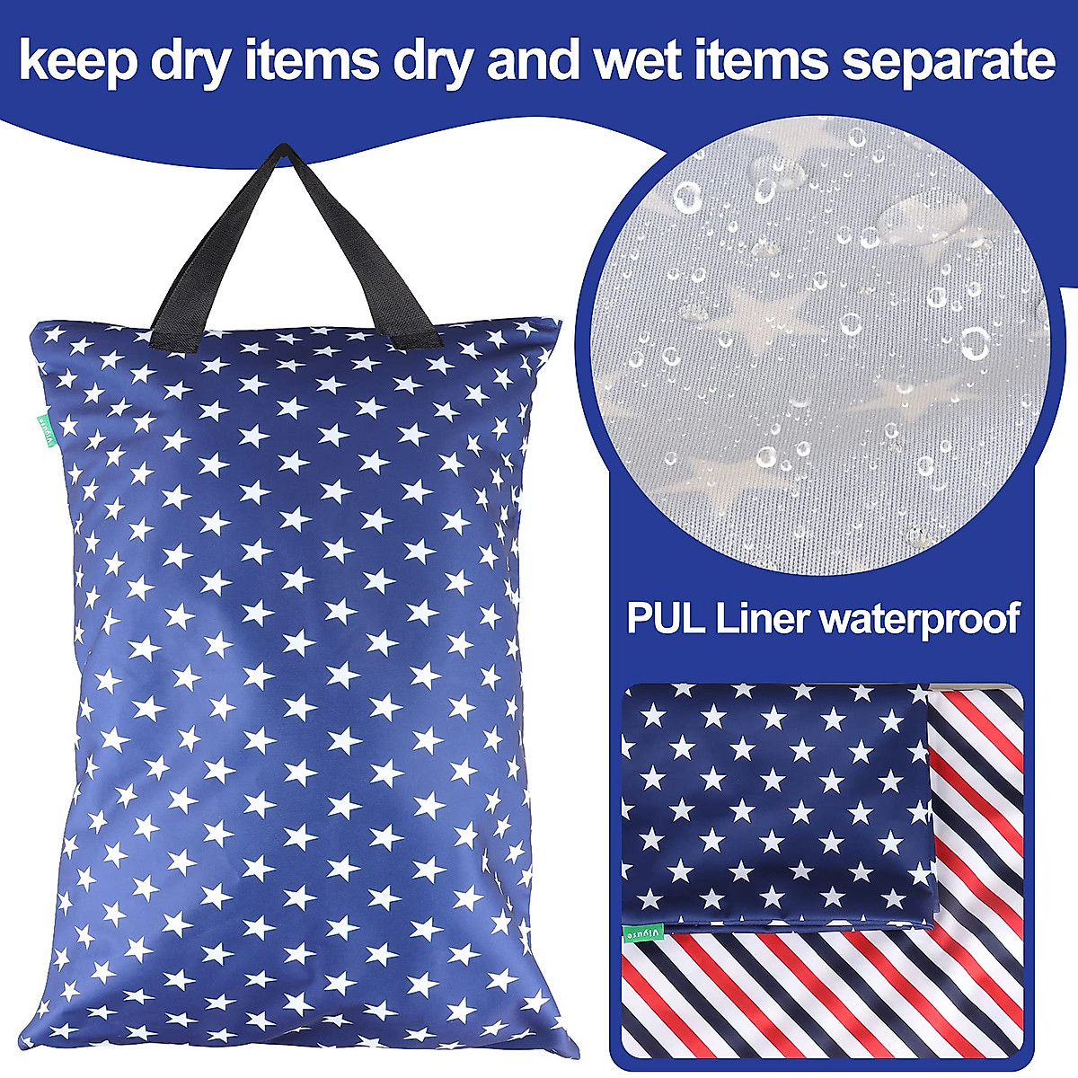 Viyuse Large Hanging Wet Dry Cloth Diaper Bag with Double Zippered Pockets,2 Pack(27 X 16 inch) Waterproof Wet Pail Bag for Beach Pool Gym Wet Dirty Clothes,big Wet bag Stars,Stripes