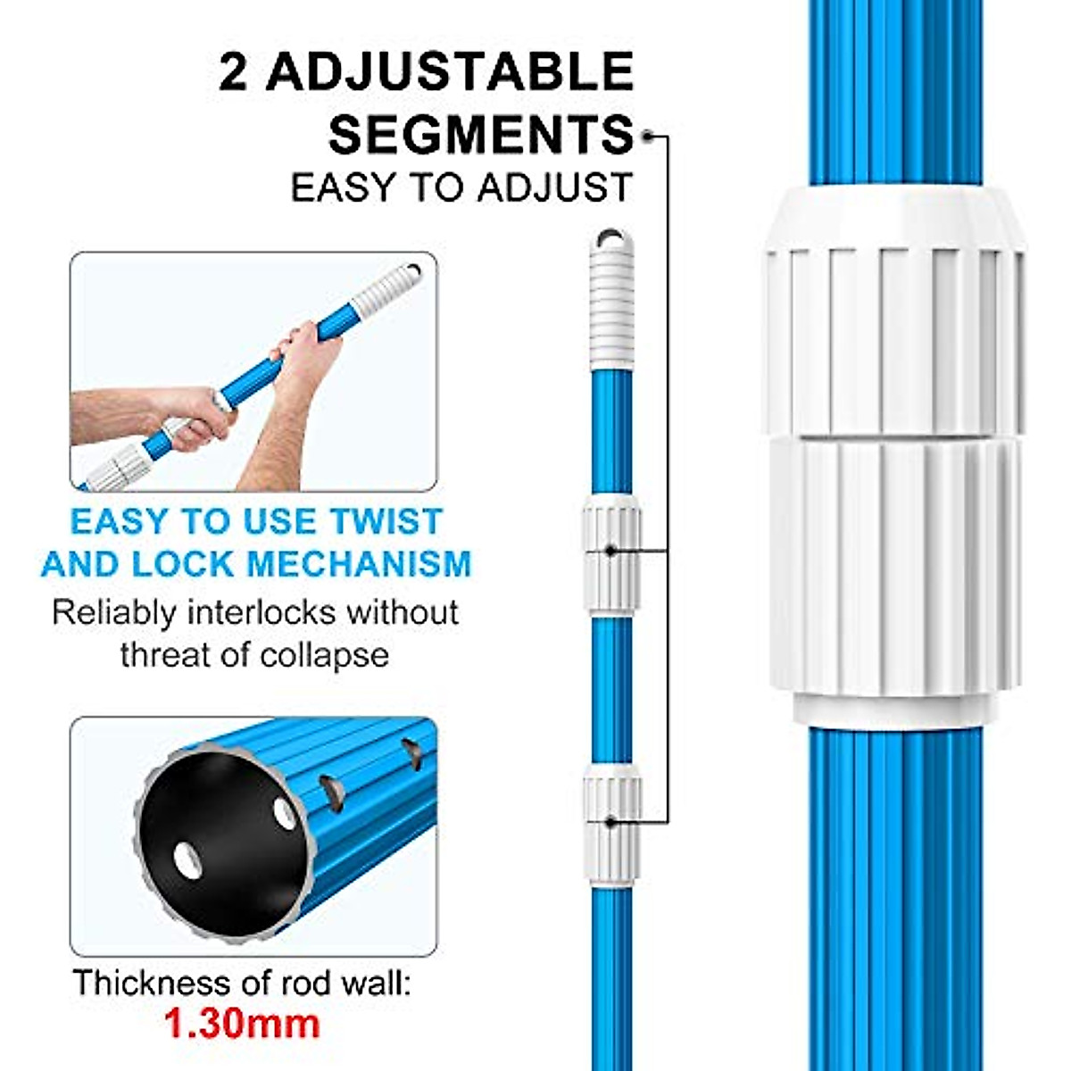 BLIKA 16.5FT Blue Aluminum Telescopic Swimming Pool Pole, 1.30mm Thickness, Pool Pole Telescopic, Pool Poles for Cleaning