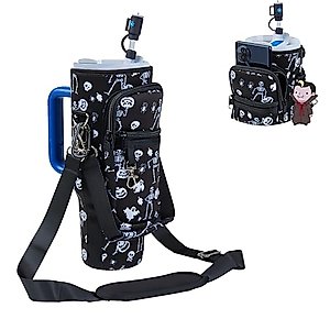 ZOYEPIN Halloween Water Bottle Carrier Bag with Pouch, Durable Stanley Carrier for Stanley 40 oz Tumbler with Handle, with Extra One Blind Box Straw Cover, Stanley Cup Accessories for Travelling
