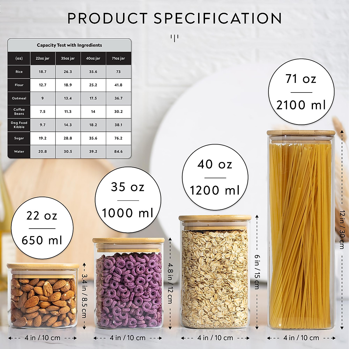 Laramaid Glass Jar Set (3x22oz/1x35oz/1x40oz/1x71oz) Set of 6 with Minimalist Pantry Labels, Square Canister Jars with Bamboo Lids and Customized Sticker Labels