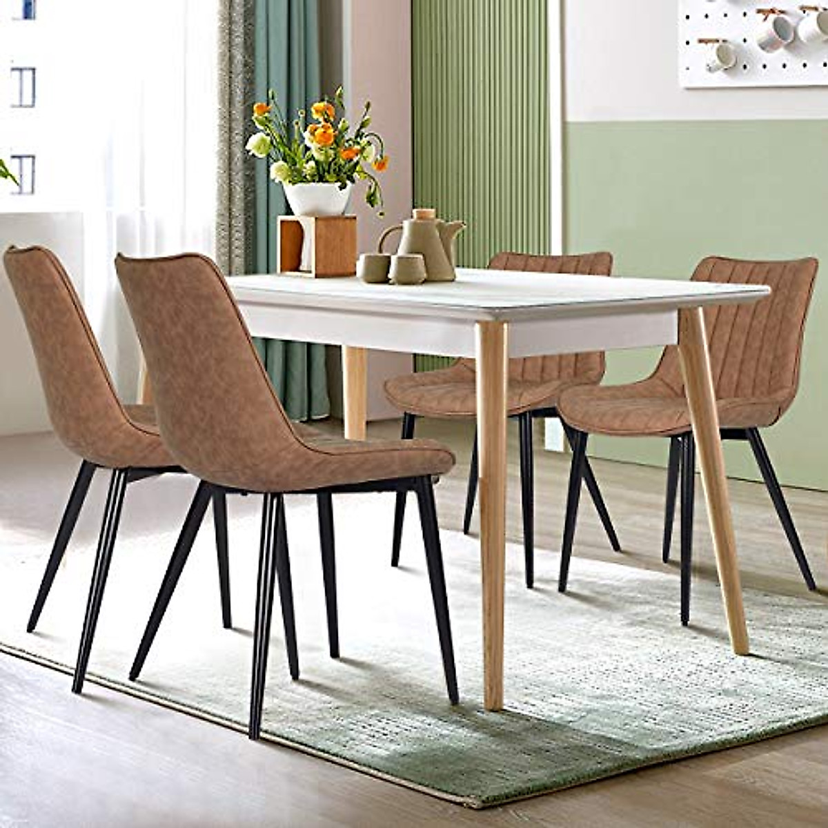 HOMHUM 4 PCS Faux Leather Dining Chairs, Mid Century Modern Leisure Upholstered Chair with Metal Legs for Kitchen Living Room Brown