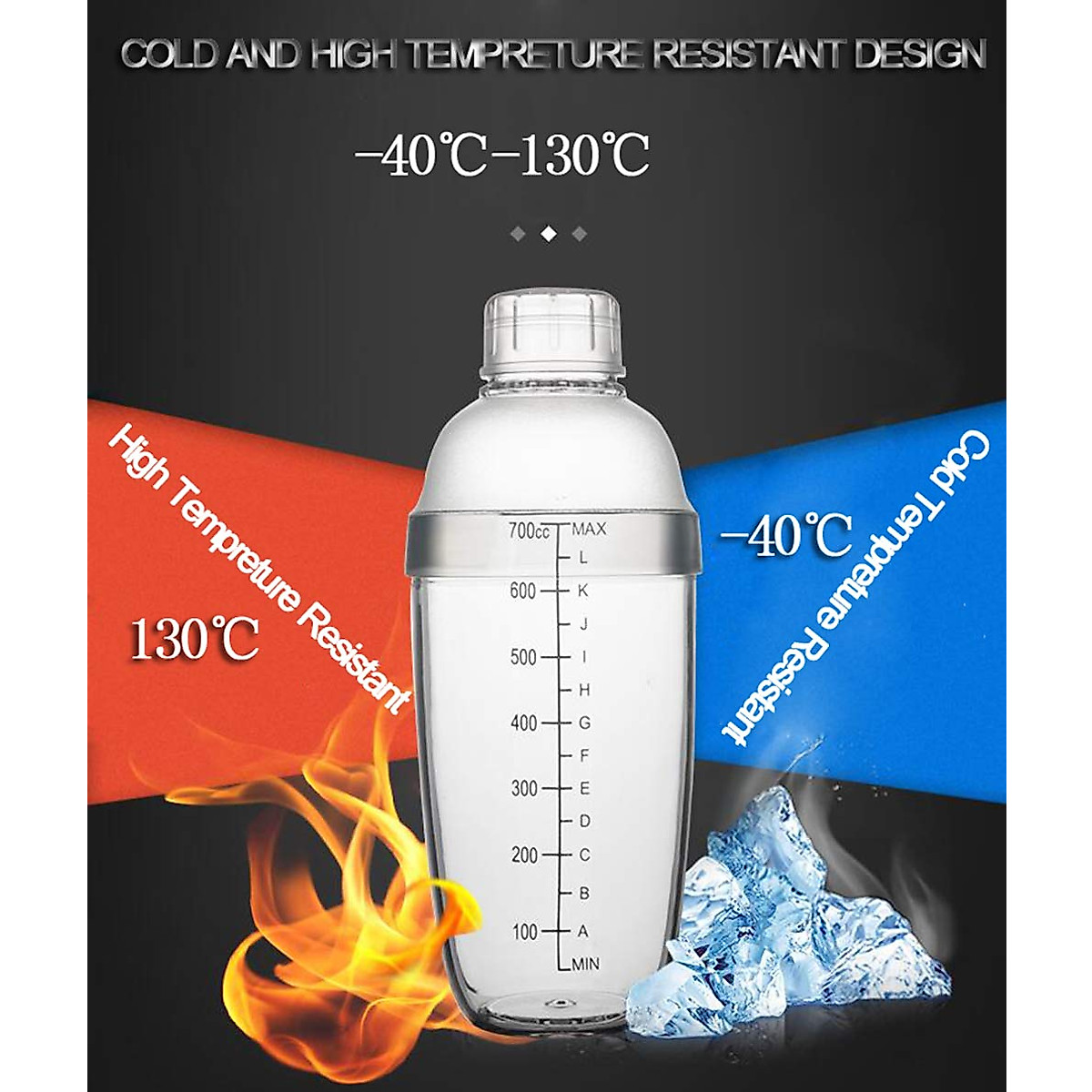 1PC 700CC/24oz Empty Professional Clear Plstic Resin Cocktail Shaker with Scale and Strainer Top Drink Wine Tea Mixer Shaker Cup Bottle for Bar Party Home Use